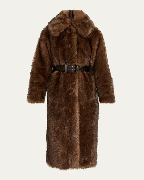 Moncler Arly Long Faux Fur Coat - Medium Bro