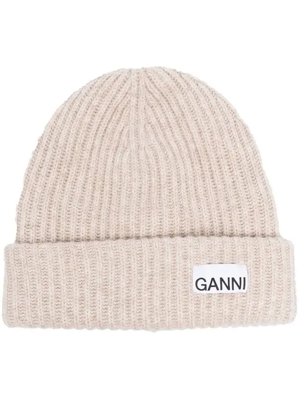 GANNI Wool Ribbed Beanie - Beige