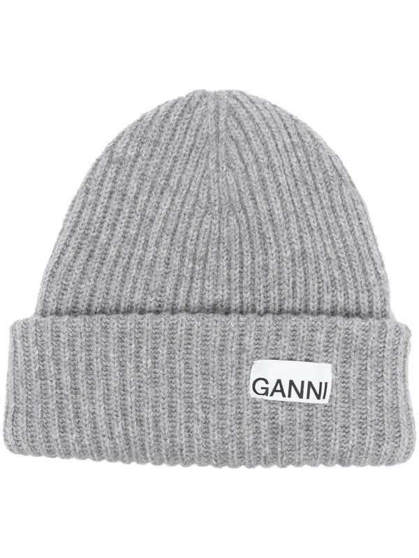 GANNI Wool Ribbed Beanie - Grey