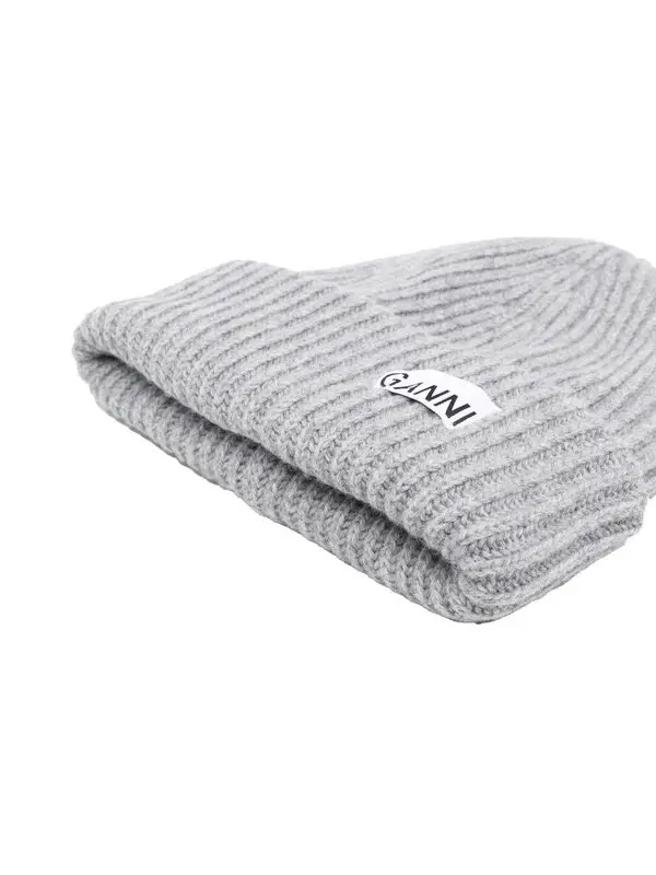 GANNI Wool Ribbed Beanie - Grey