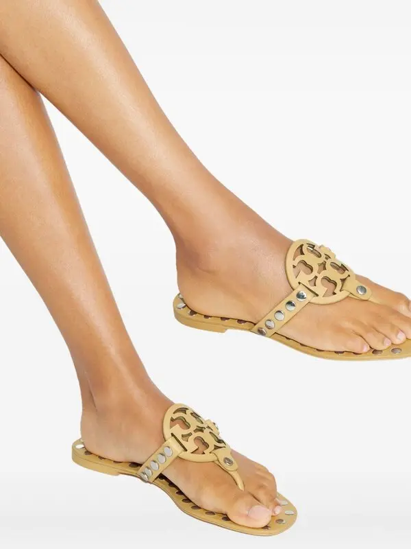 Tory Burch Studded Miller Leather Flat Sandals - Beige