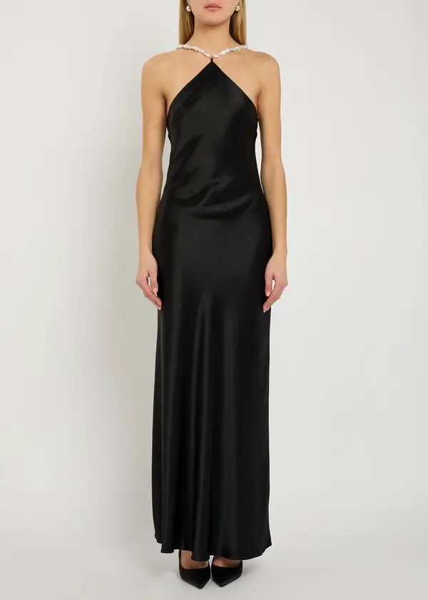 Staud Cadence Faux Pearl-embellished Satin Maxi Dress - Black