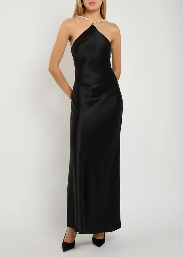 Staud Cadence Faux Pearl-embellished Satin Maxi Dress - Black