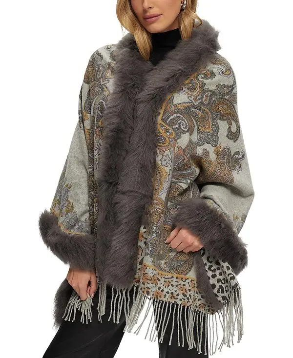 Gorski Double Faced Cashmere Stole With Toscana Lamb Tape Top And Bottom - Gray Paisley/animal Print
