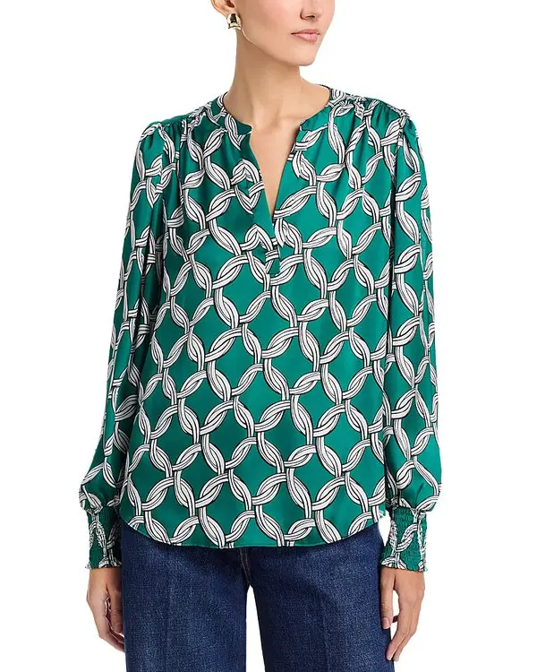 T Tahari Long Sleeve Split Neck Blouse With Smocked Cuffs