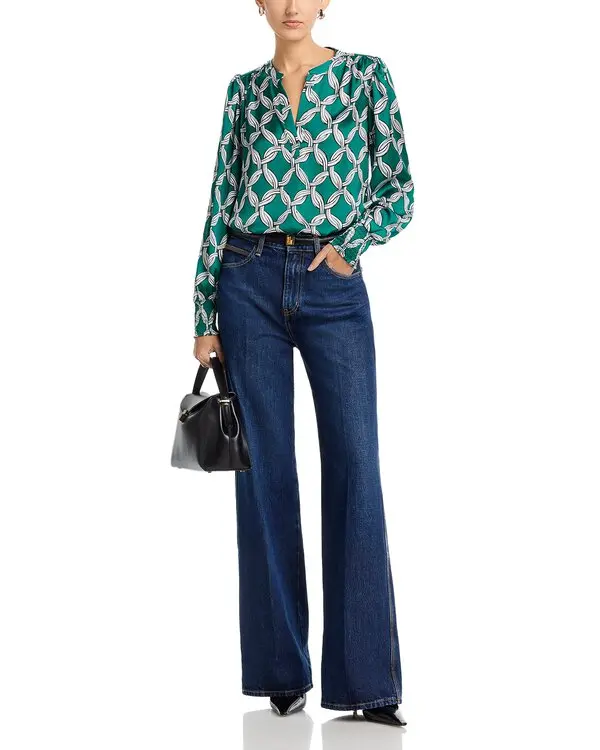 T Tahari Long Sleeve Split Neck Blouse With Smocked Cuffs