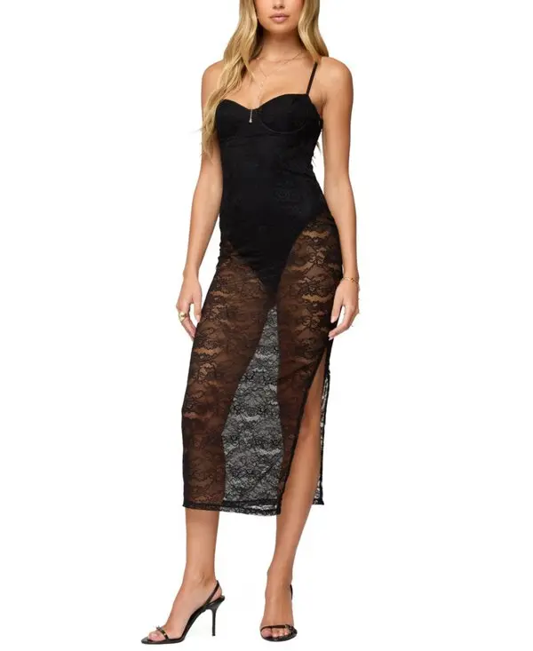 EDIKTED Sheer Lace Bodysuit Midi Dress
