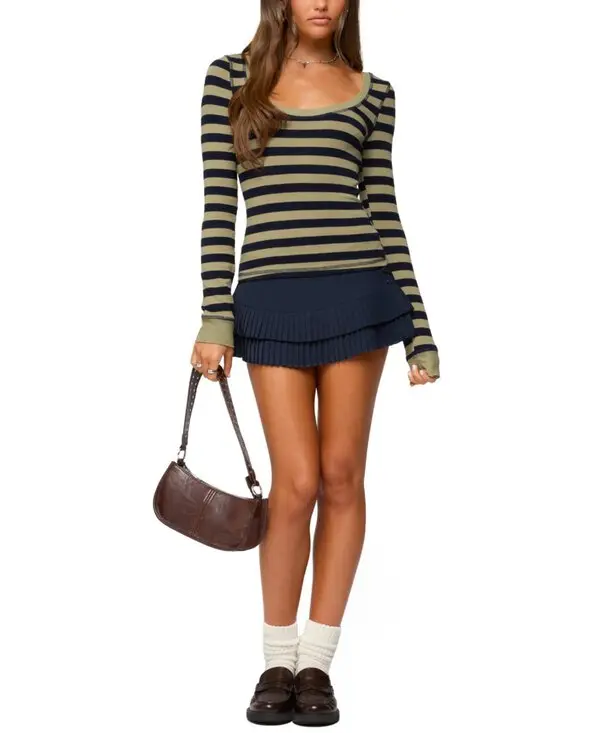 EDIKTED Striped Long Sleeve Top - Olive