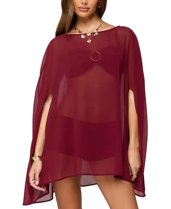 EDIKTED Sheer Chiffon Poncho - Burgundy