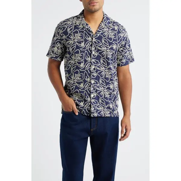 Paul Smith Casual Fit Floral Embroidered Camp Shirt - Very Dark Navy