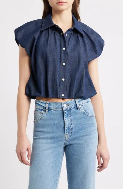 FRAME Shell Denim Puff Sleeve Crop Top