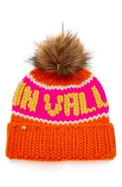 Lele Sadoughi Sun Valley Faux Fur Pompom Merino Wool Beanie - Bright Orange