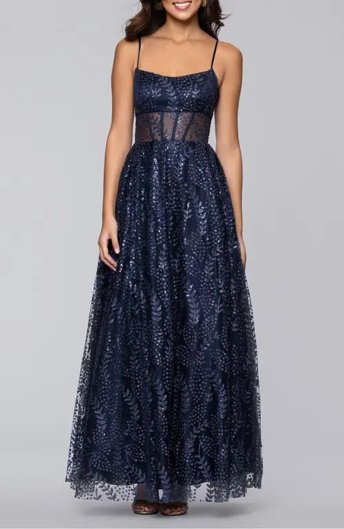 BLONDIE NITES Sequin And Mesh Gown - Navy