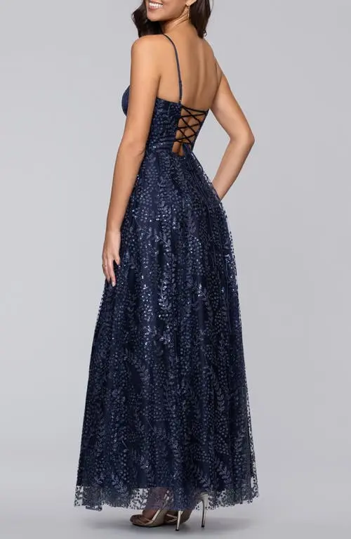 BLONDIE NITES Sequin And Mesh Gown - Navy