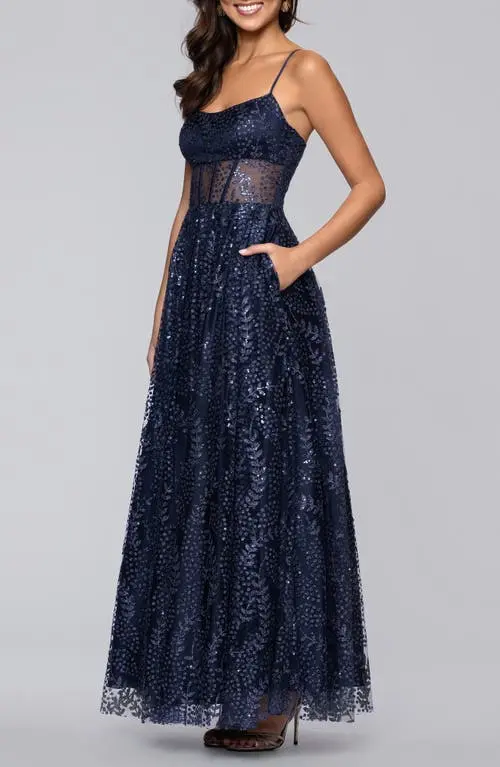 BLONDIE NITES Sequin And Mesh Gown - Navy
