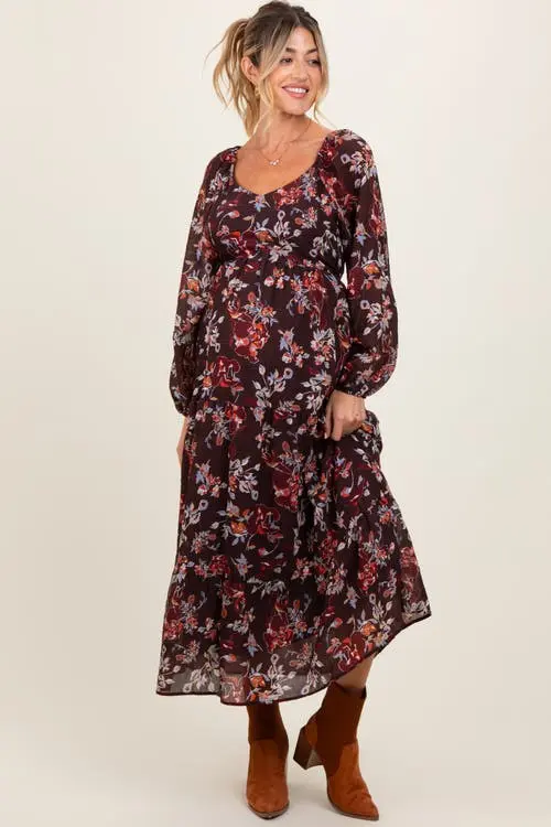 PINKBLUSH Floral V-neck Bubble Sleeve Maxi Dress - Brown