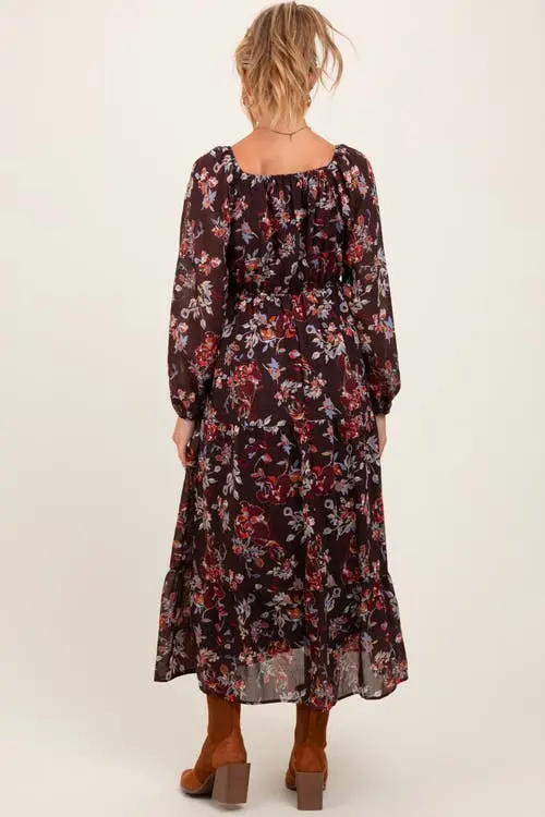 PINKBLUSH Floral V-neck Bubble Sleeve Maxi Dress - Brown
