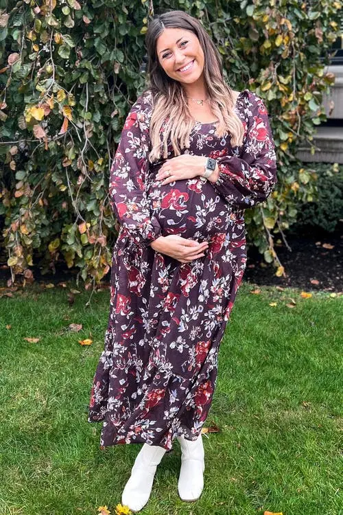 PINKBLUSH Floral V-neck Bubble Sleeve Maxi Dress - Brown