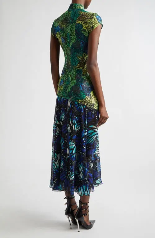 Kim Shui Butterfly Print Lace & Silk Chiffon Plunge Neck Dress - Green |  Editorialist