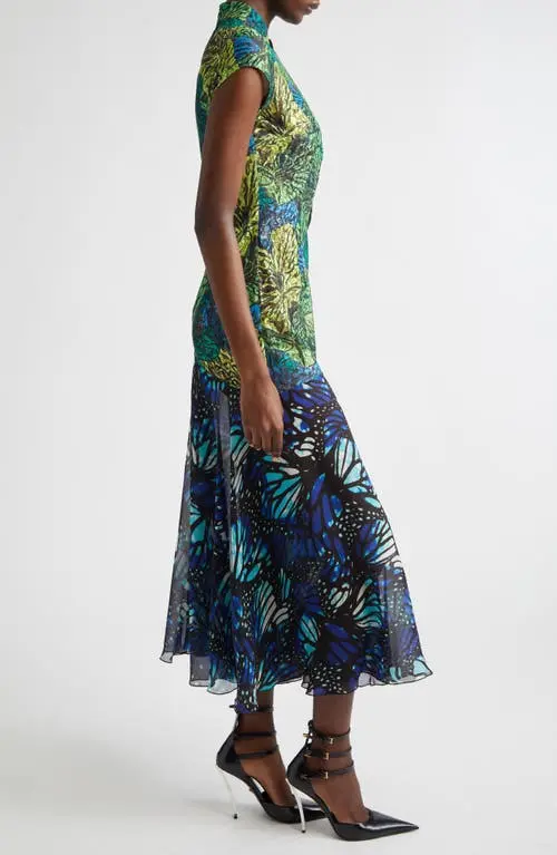 Kim Shui Butterfly Print Lace & Silk Chiffon Plunge Neck Dress - Green |  Editorialist