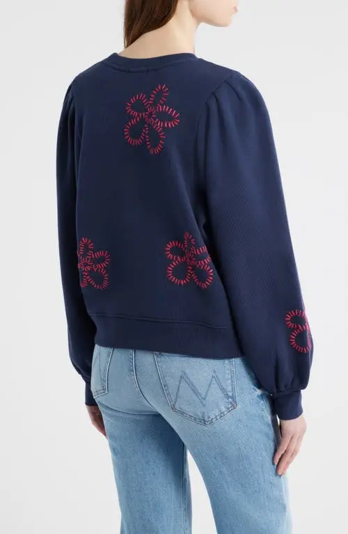 Rails Floral Embroidered Balloon Sleeve Sweatshirt - Navy