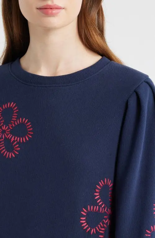 Rails Floral Embroidered Balloon Sleeve Sweatshirt - Navy