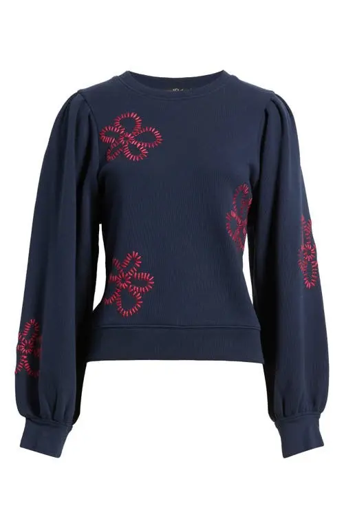 Rails Floral Embroidered Balloon Sleeve Sweatshirt - Navy