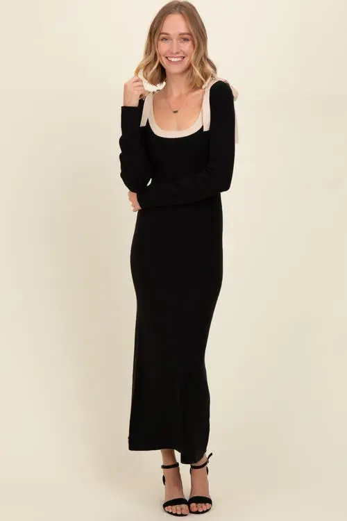 PINKBLUSH Shoulder Bow Detail Maxi Sweater Dress - Black