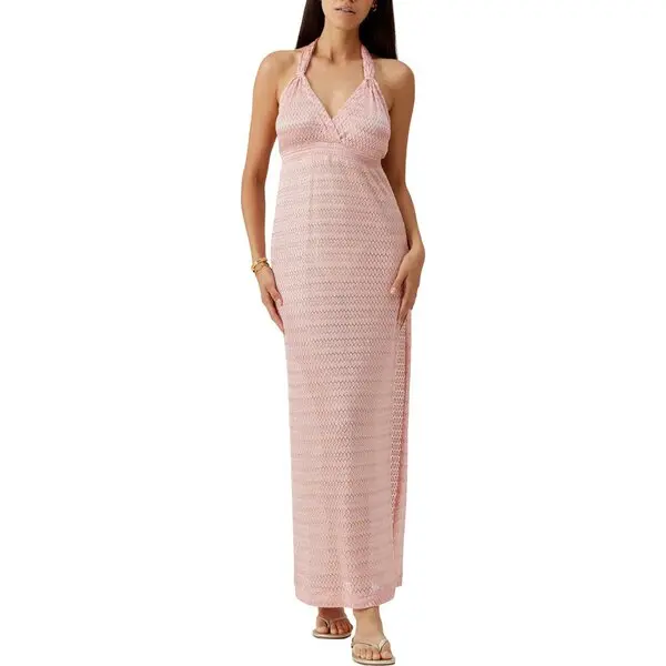 Melissa Odabash Mariah Metallic Halter Cover-up Maxi Dress - Rose