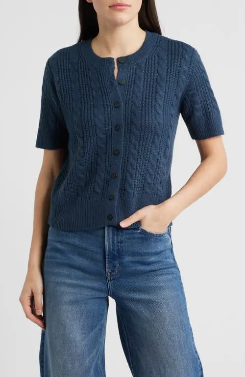 Lucky Brand Short Sleeve Cable Cardigan - Midnight Navy