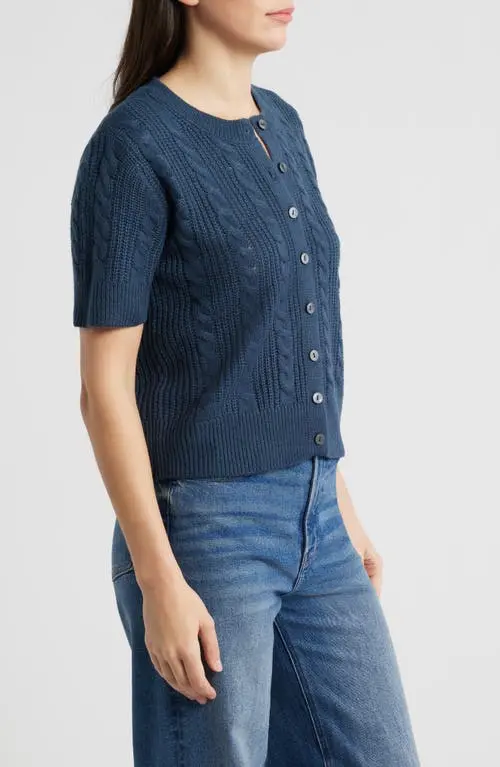Lucky Brand Short Sleeve Cable Cardigan - Midnight Navy