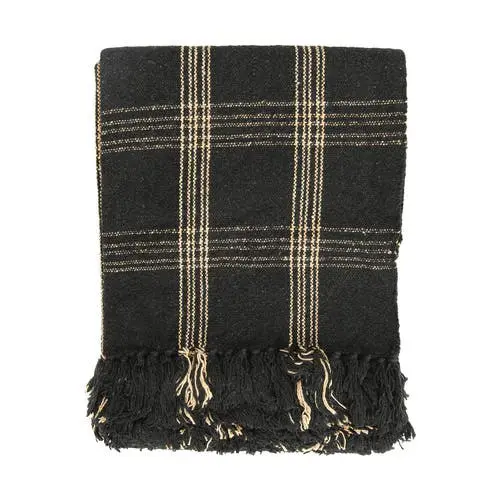 STORIED HOME Soft Woven Reclaimed Cotton Blend Throw With Fringe - Black