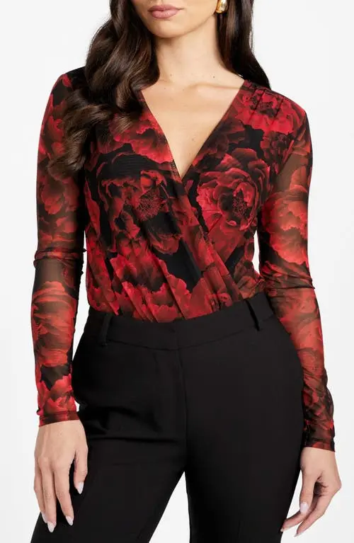 MARCIANO Passion Flower Mesh Bodysuit - Red/black