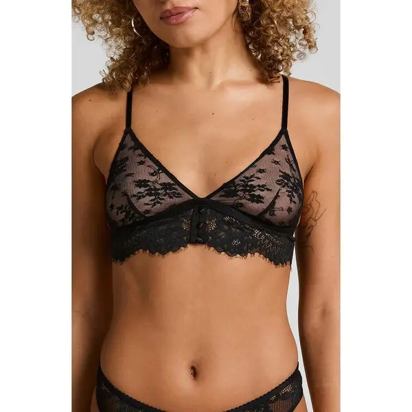 Hunkemoller Lou Eyelash Lace Triangle Bralette - Caviar