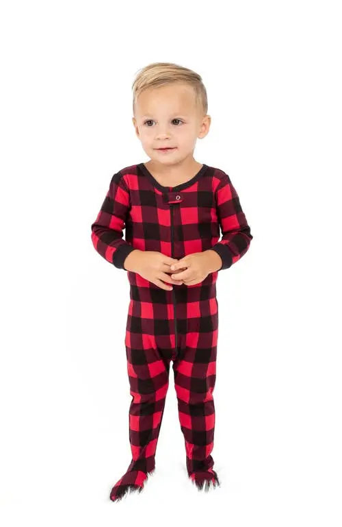 LEVERET Footed Plaid Cotton One-piece Pajamas - Plaid Black & Red