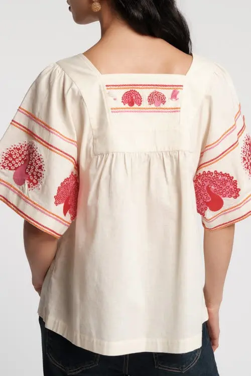 FRANCES VALENTINE Picnic Peacock Embroidered Top - Oyster/multi