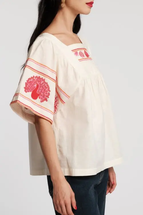FRANCES VALENTINE Picnic Peacock Embroidered Top - Oyster/multi