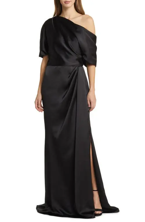Amsale Gathered One-shoulder Satin Gown - Black