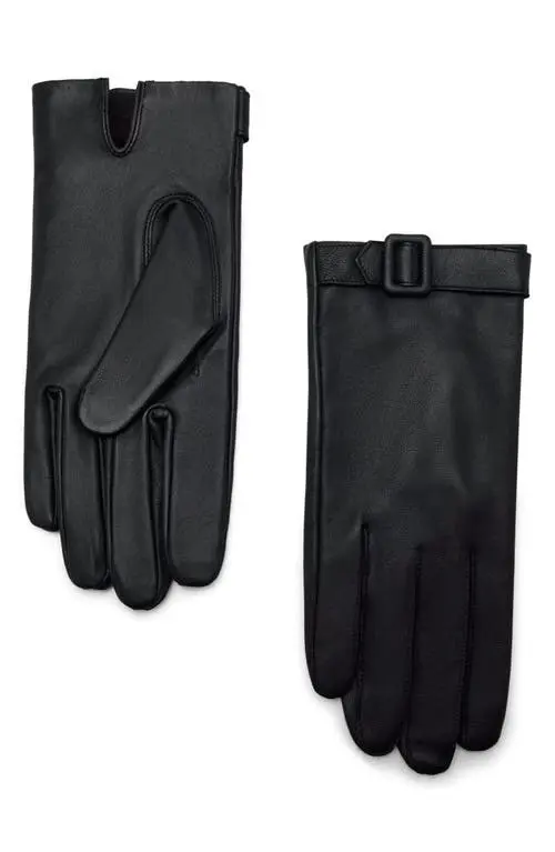 Mango Buckle Detail Leather Gloves - Black