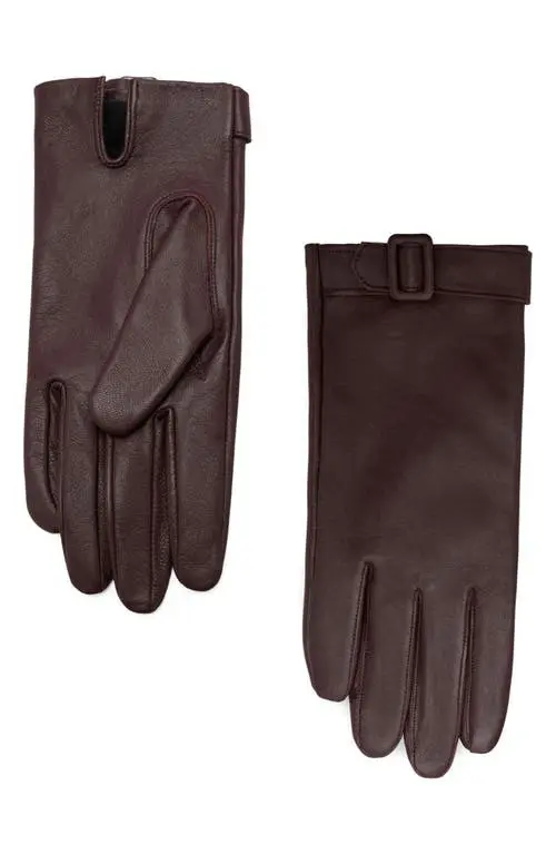 Mango Buckle Detail Leather Gloves - Burgundy