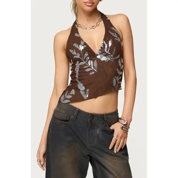 EDIKTED Sequin Floral Asymmetric Mesh Halter Top