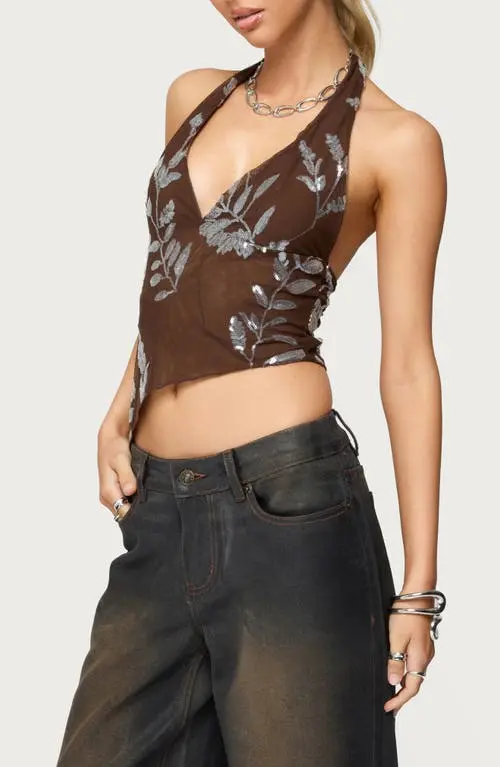 EDIKTED Sequin Floral Asymmetric Mesh Halter Top