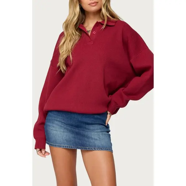 EDIKTED Lorie Oversize Polo Sweater - Red