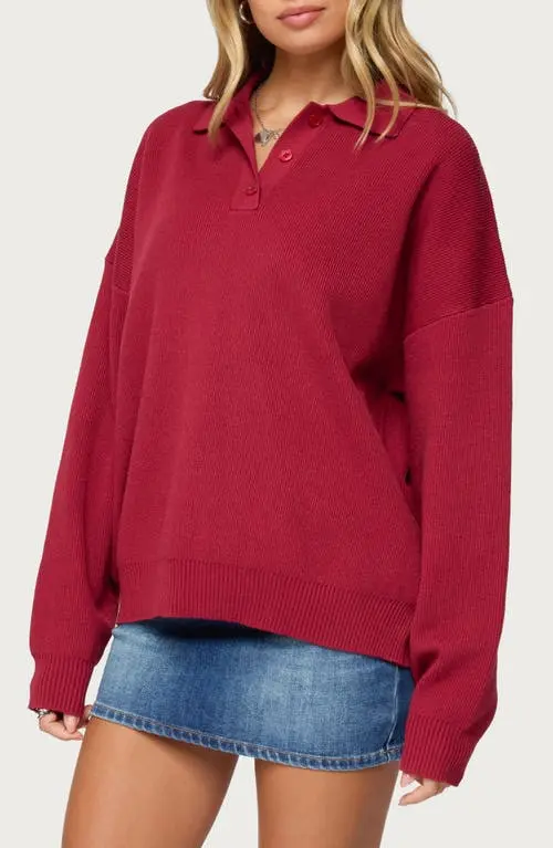 EDIKTED Lorie Oversize Polo Sweater - Red