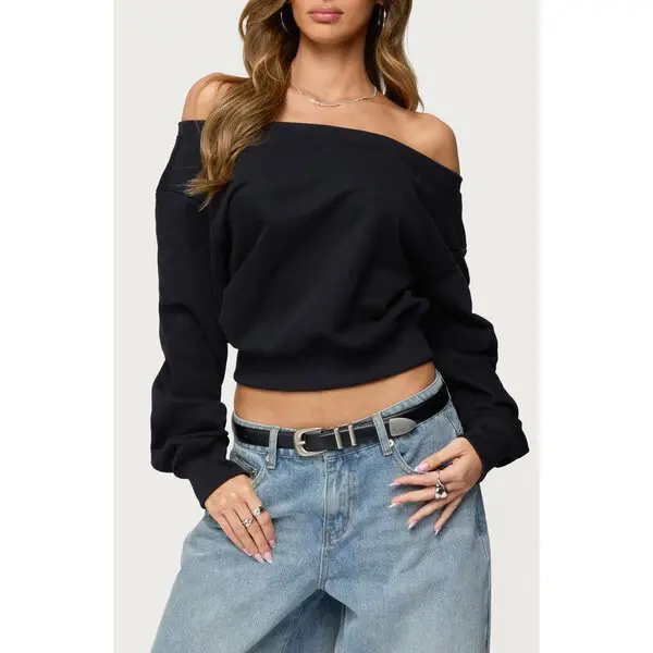 EDIKTED Cotton Blend Off-the-shoulder Sweatshirt - Black