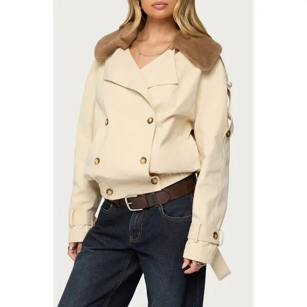EDIKTED Cotton Trench Coat With Removable Faux Fur Collar - Beige