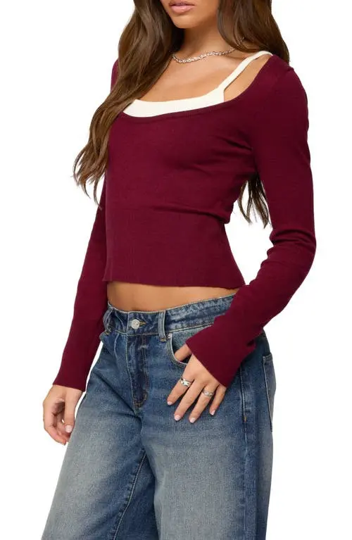 EDIKTED Layered Long Sleeve Crop Top - Burgundy-and-cream