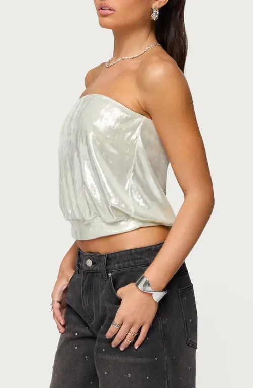 EDIKTED Leira Shimmer Strapless Blouson Top - Gold