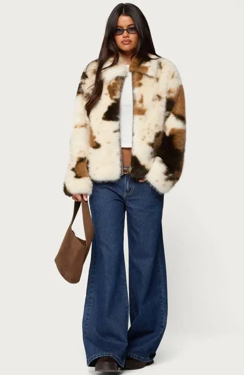 EDIKTED Rayan Cow Print Faux Fur Jacket