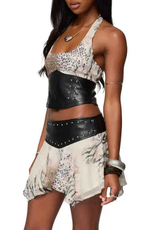 EDIKTED Animal Print Chiffon & Faux Leather Halter Top